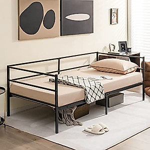 GOFLAME Metal Daybed Frame Twin Size, 2-in-1 Multifunctional Sofa Bed Frame with Headboard & Heavy-Duty Steel Slats, Mattress Foundation Platform for Living Room, Guest Room, Bedroom, Easy Assembly
