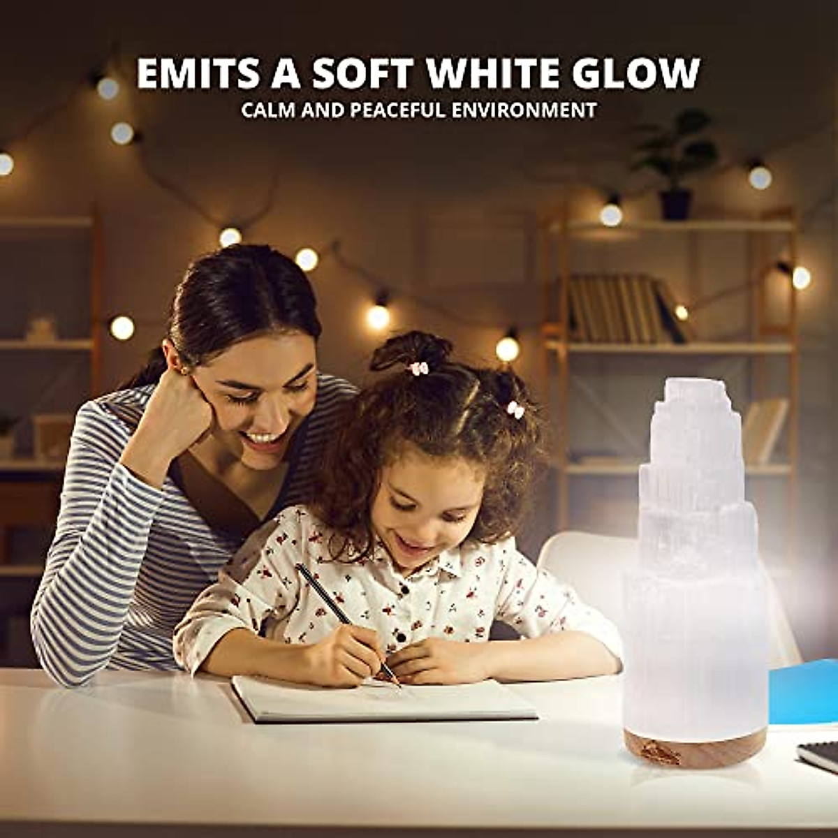 WBM Selenite Crystal Lamp 20cm, Hand Curved Morocco |Skyscraper| Crystals and Healing Stones,(ETL Certified) with Wooden Base & USB Charging Cable For Healing Cleansing & Meditation