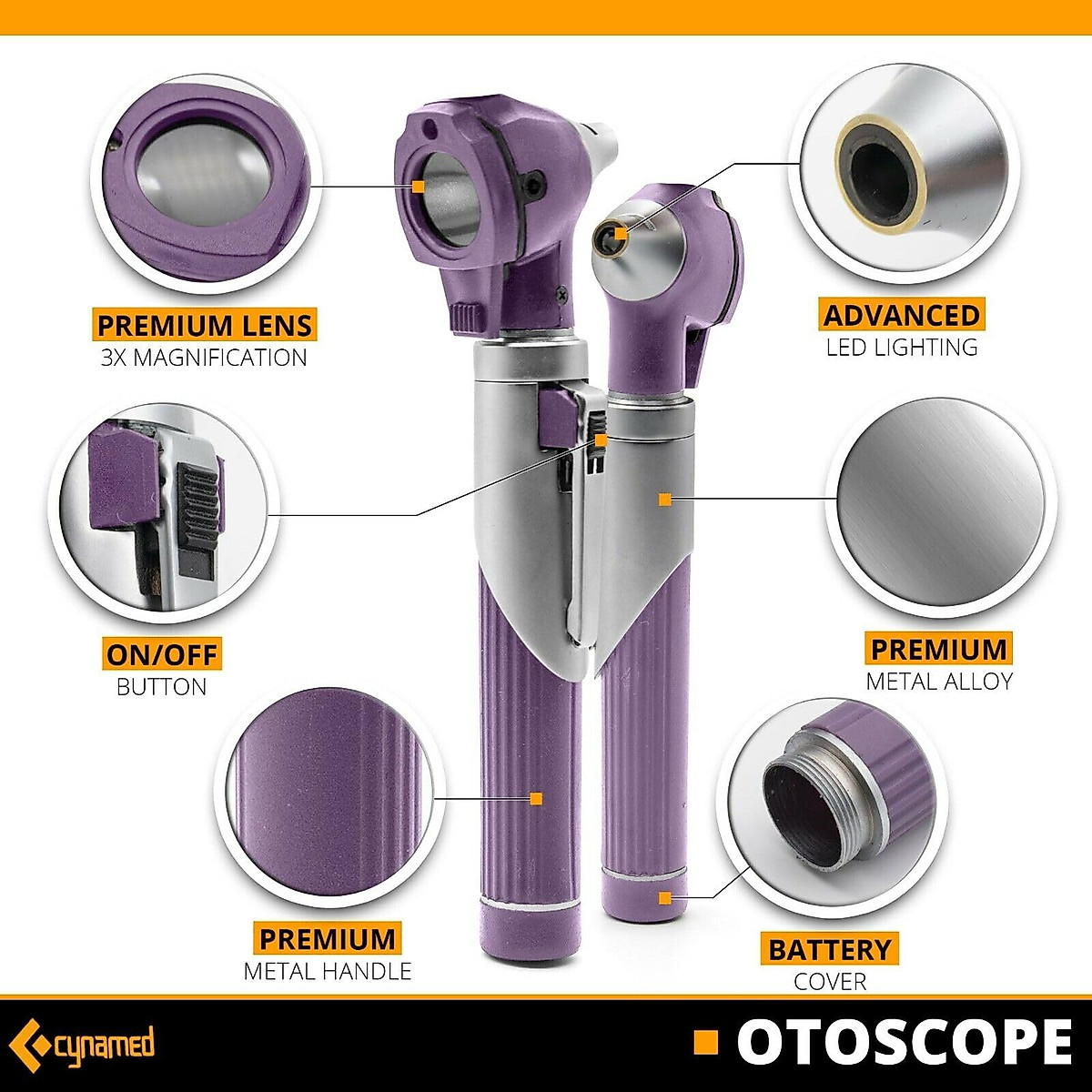 Cynamed Duplex Otoscope Set - Multi-Function Ear Scope for Ear & Eye Examination - Includes Zipper Case and Gift Box (Purple)