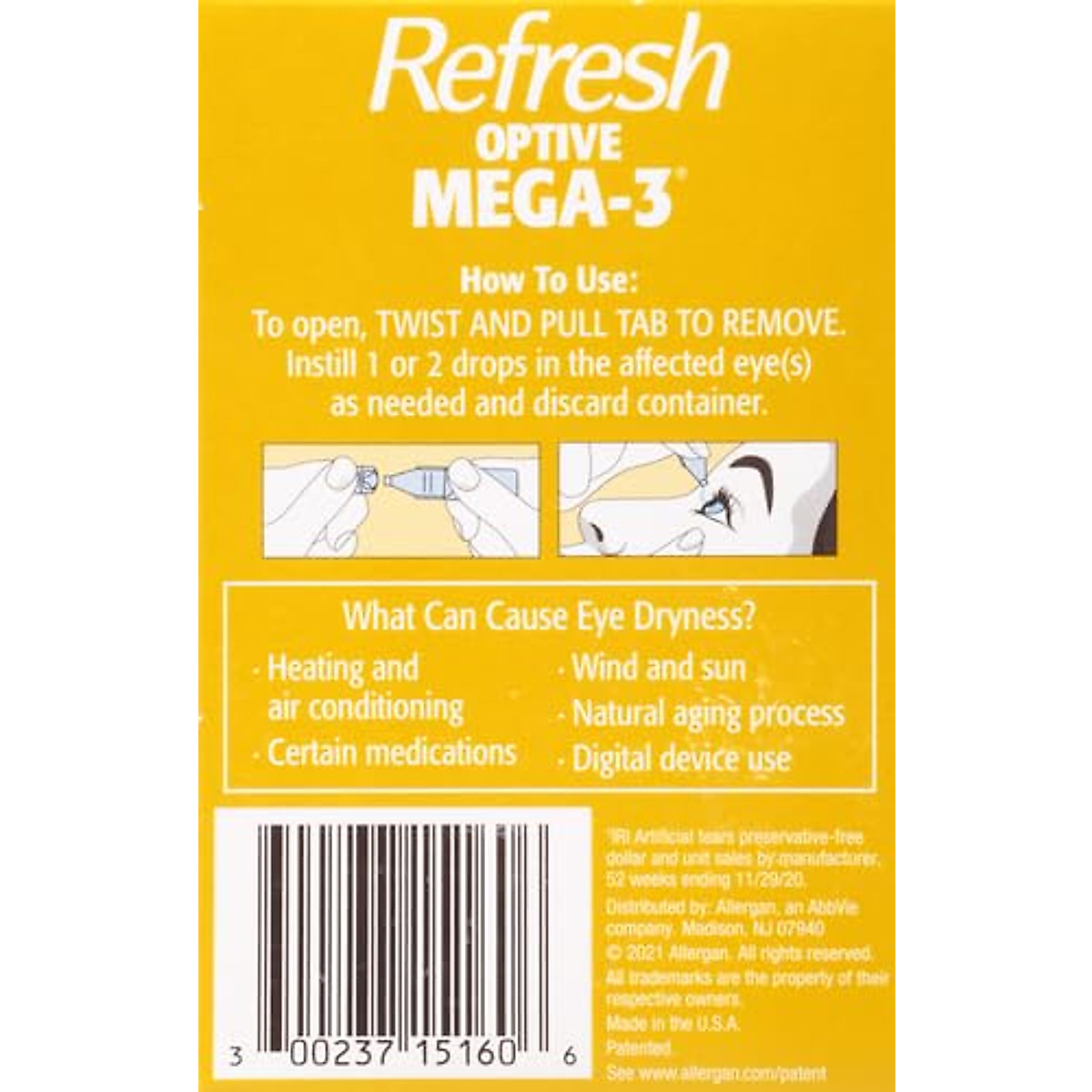 Refresh Optive MEGA-3 Lubricant Eye Drops Preservative-Free Artificial Tears, 0.01 fl oz (0.4 mL), 60 Single-Use Containers