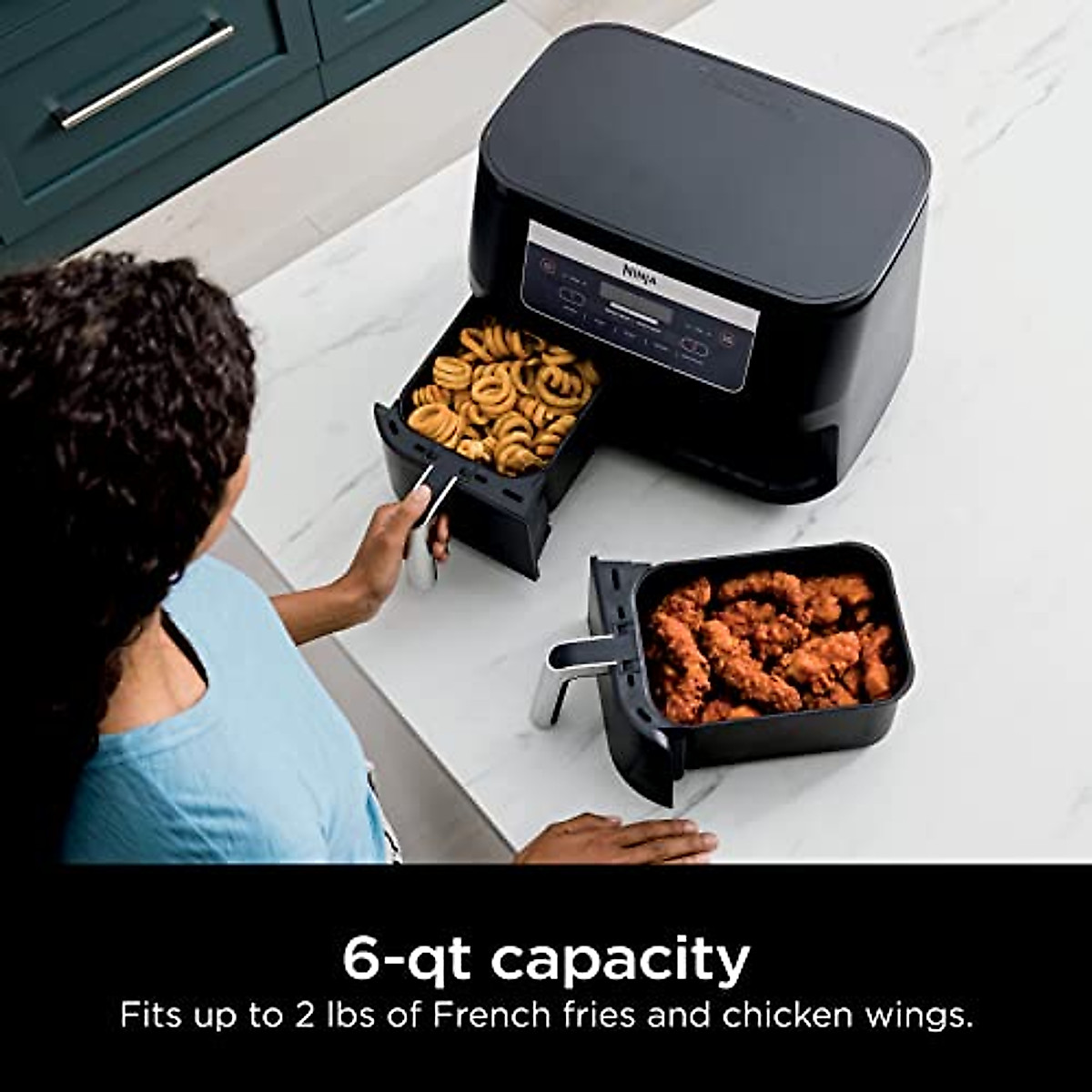 Ninja DZ090 Foodi 6 Quart 5-in-1 DualZone 2-Basket Air Fryer with 2 Independent Frying Baskets, Match Cook & Smart Finish to Roast, Bake, Dehydrate & More for Quick Snacks & Small Meals, Black