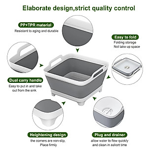 KEPPIER Dishpan, 9L Collapsible Washing Basin (Gray, PP, TPR), Portable Dish Tub with Drain Plug, Space-Saving Drying Rack for Kitchen, Camping, Laundry use