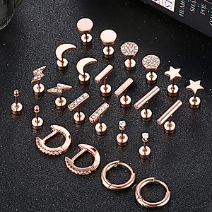FASACCO 10Pairs Flat Back Earrings for Women Men - Hypoallergenic 14K Gold Plated Stainless Steel Flatback Stud Small Huggie Hoop Earrings 20G Tiny Gold Stud Earring Sets for Multiple PIercing Rose
