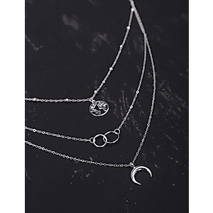 fxmimior 2 Tier Boho Dainty Layered Necklace Moon Necklaces Map Pendant Silver Gold Jewelry Stackable Choker Necklaces for Women and Girls (Silver)