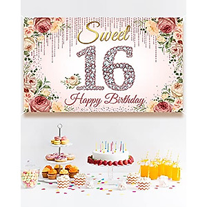 HTDZZI Sweet 16 Birthday Decorations, Rose Gold Happy 16th Birthday Backdrop Banner for Girls, Pink Floral Sweet Sixteen Party Decor, Sweet 16 Yard Sign Photo Booth Props, Fabric, 6.1ft x 3.6ft
