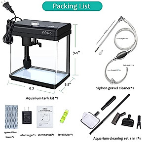 iPriro Glass Betta Aquarium Starter Kits Fish Tank with LED Light and Temp Display 1.5 Gallon, Top Filtration, Gravel Cleaners, Cleaner Tool 4 in 1