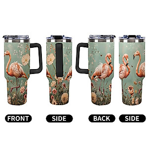 40 Oz Oil Painting Flamingos Insulated Stainless Steel Tumbler with Handle & Straw Lid, Reusable Travel Cupholder Friendly Mug for Coffee, Water, Tea