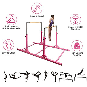 GOFLAME Double Horizontal Bars, Gymnastics Parallel Bars with Adjustable Height and Width, Junior Training Gym Bar for Kids, Ideal for Indoor Outdoor Use (Pink)