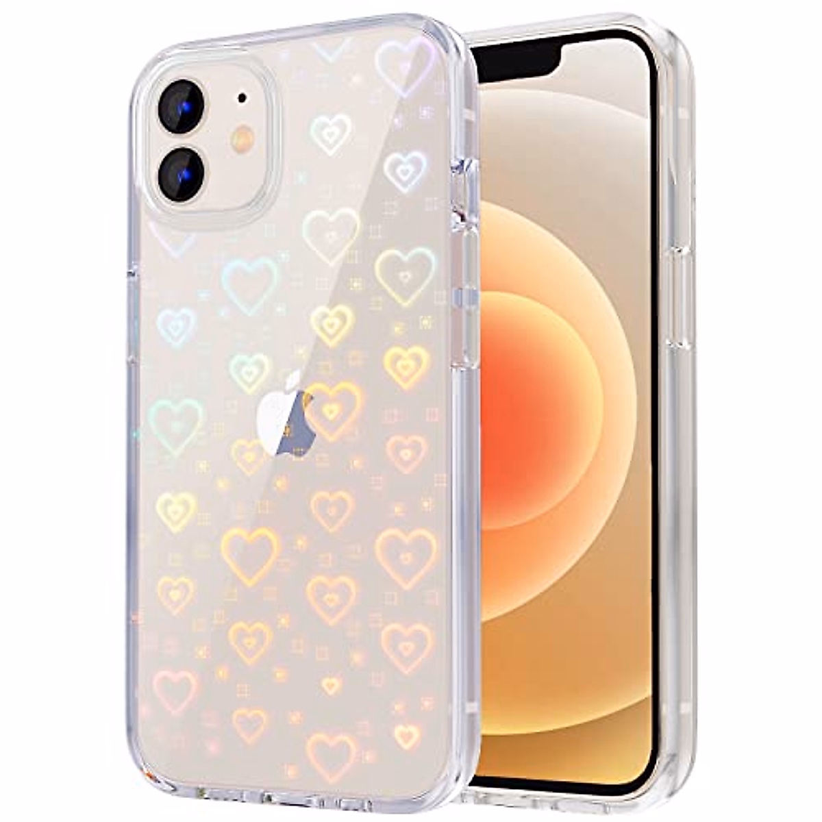 Tksafy Case for iPhone 12, iPhone 12 Pro Case, Clear Glitter Cute Laser Holographic Love Heart Pattern for Women Girls, Anti-Scratch Hard PC Protective Phone Cover for iPhone 12/12 Pro, Rainbow Heart