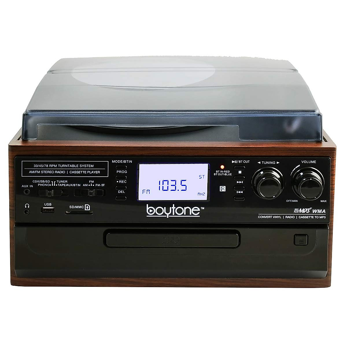 Boytone BT-22M, Bluetooth Record Player Turntable, AM/FM Radio, Cassette, CD Player, 2 Built in Speaker, Ability to Convert Vinyl, Radio, Cassette, CD to MP3 Without a Computer, SD Slot, USB, AUX