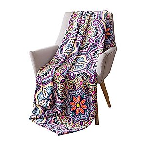 Boho Velvet Fleece Throw Blanket: Soft Plush Bright Decorative Paisley Patterned Accent for Couch or Bed, Colored: Teal Hot Pink Purple Yellow Black