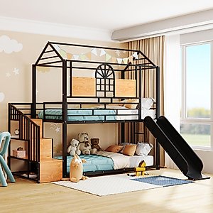 KIVENJAJA House Bunk Bed Twin Over Twin, Metal Bunkbeds Frame with Slide, Stairs and Guardrails for Kids Teens Girls Boys Toddlers, No Box Spring Needed, Black