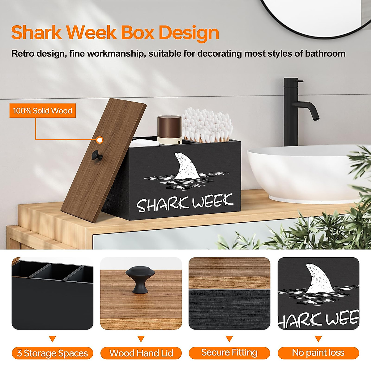 Tampon Holder For Bathroom, Tampon Storage Container,Feminine Product Organizer,Removable Organizer，Shark Week Wood Box With Lid, Tampon Organizer，Christmas Gifts for Mom and Female Friends (Black)