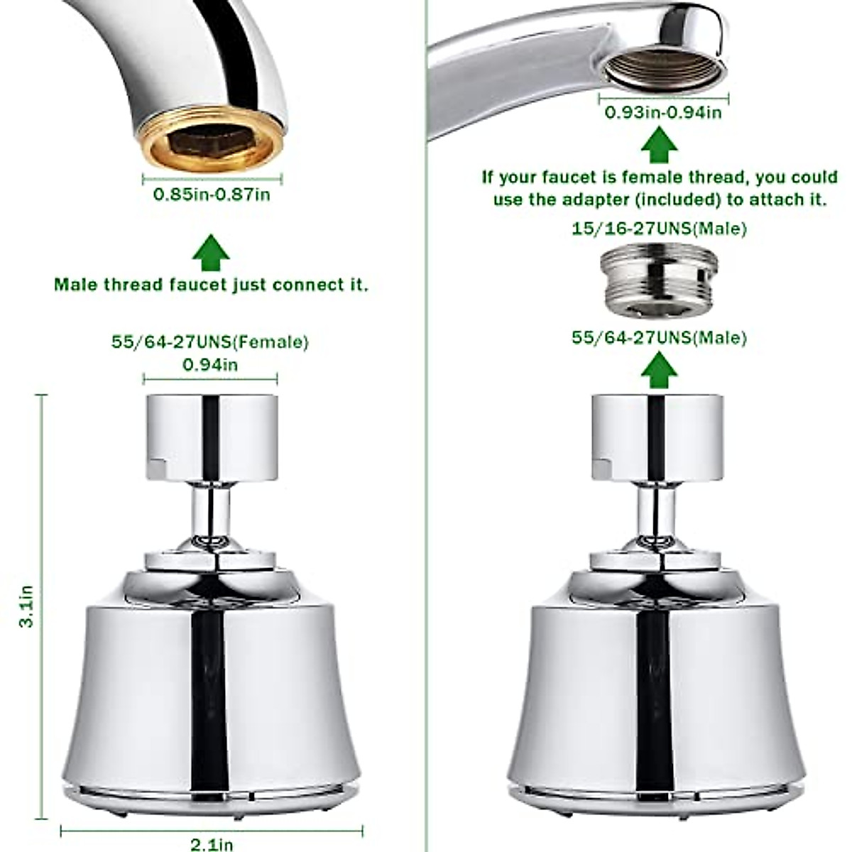 Houtingmaan Kitchen Sink Faucet Aerator with 2 Ball Joint, Big Angle Swivel Faucet Head Replacement with 4 Spray Models, 55/64-27UNS Famale Thread - Chrome