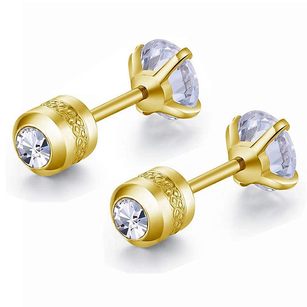 5 Pairs Titanium Screw Back Stud Earrings Set for Sensitive Ears, Hypoallergenic Surgical Stainless Steel Double Sided Round Cubic Zirconia Earrings for Women Men (5pcs gold stud set)