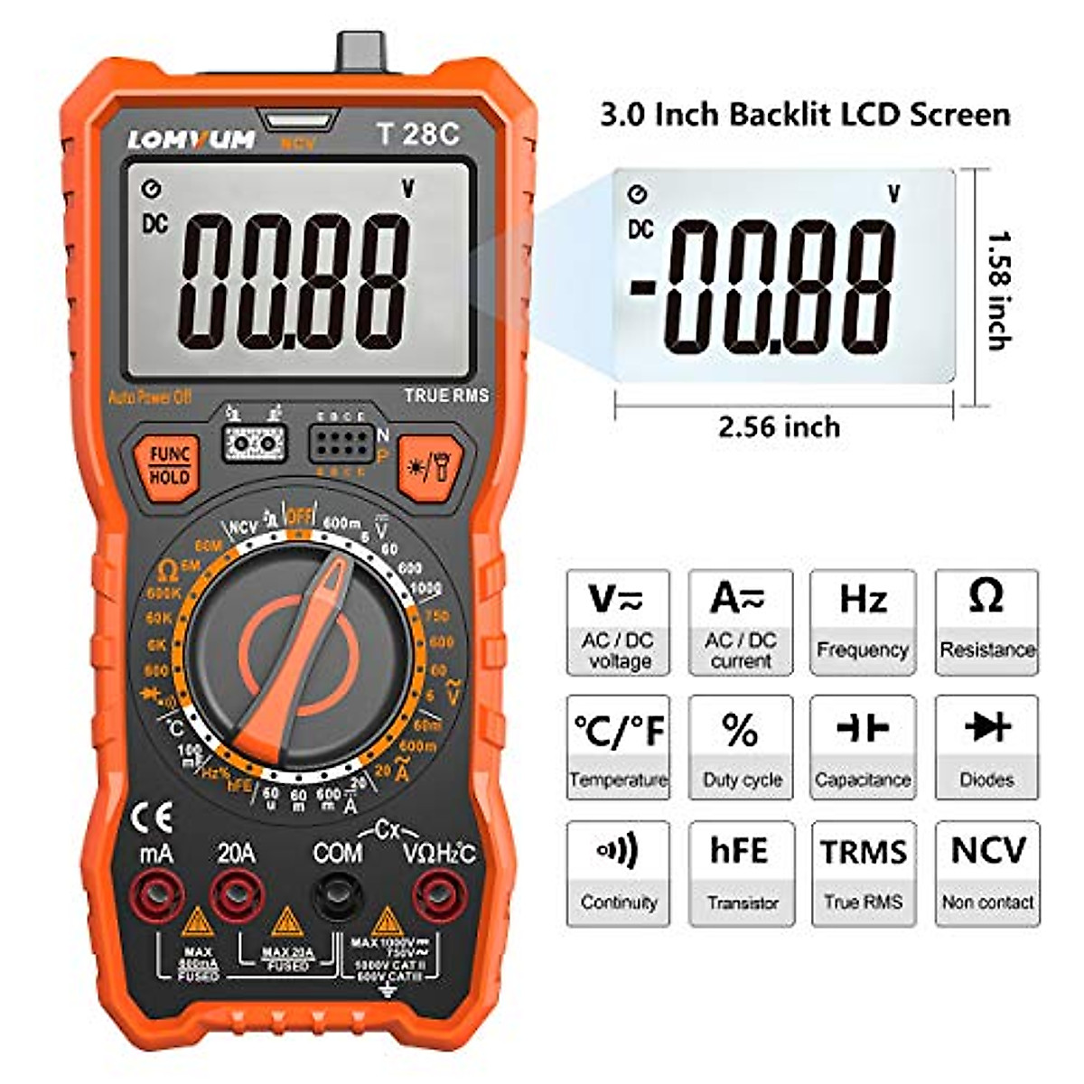 Digital Multimeter, LOMVUM TRMS 6000 Counts Electrical Tester AC/DC Amp Ohm Voltage Tester Meter with Temperature Frequency Resistance Continuity Capacitance Diode and Transistor Test