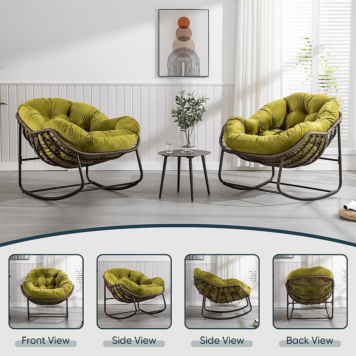 Outdoor Rocking Chair, Patio Oversized Rattan Egg Rocking Chair, Indoor Outside Padded Cushion Rocker Recliner Chair, Modern Lounge Chair for Front Porch, Garden, Backyard, Balcony, Deck, Olive Green