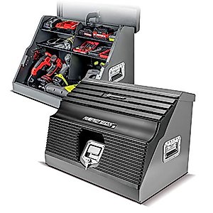 Powerbuilt 26 In. Portable Slant Front Power Tool Locker Toolbox with Power Drill Slots, Storage Compartments, 16 Ga. Steel, Chrome Hardware, Weather-Resistant Locking Polymer Lid, Gas Struts, 941805E