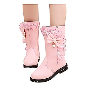 Lykmera Lace Boots for Baby Girl Fashion Winter Boots for Girl Kids Boots Shoes Princess Knee Bowkont Shoes Slip on Boots (Pink, 10.5-11 Years Big Kids)