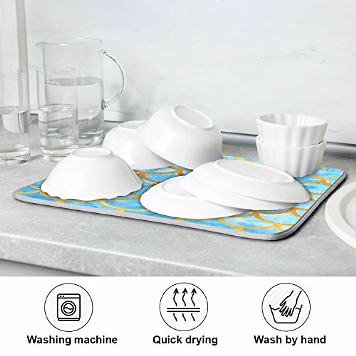 Ocean Mermaid Scales Dish Drying Mat 24"x18" Absorbent Machine Washable Hanging Fast Dry Pad Dish Protective Mat for Kitchen Countertop Heat Resistant Dinner Table Mat