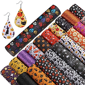 20 Pieces Halloween Faux Leather Sheets Halloween Pattern Fabric Sheets Ghost Pumpkin Spider Printed Faux Leather Fabric Glitter Light Fabric Sheets for DIY Halloween Craft Making, 8.3 x 6.3 Inch