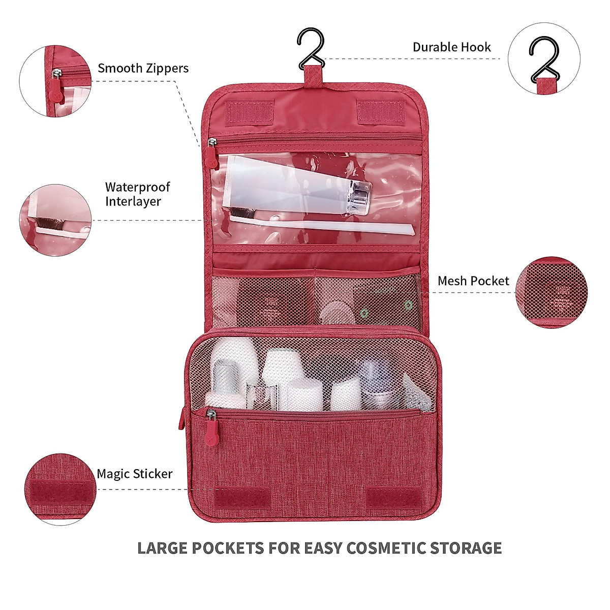 Lcsmaokin Large Capacity Toiletry Bag Travel Bag with Hanging Hook for Men and Women Waterproof Travel Cosmetic Bag Bathroom Storage Bag for Brushes Set, Full-Sized Shampoo, Toiletries, (Wine Red)