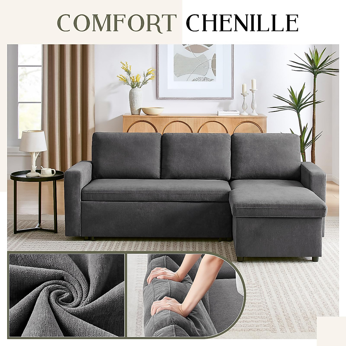 Zelimon Sleeper Sofa Bed, 85'' Pull-Out Convertible Sofa Bed, Lounge Soft Futon Sofa, Detachable Chenille Cover, Couches for Living Room/Office/Apartment, Grey