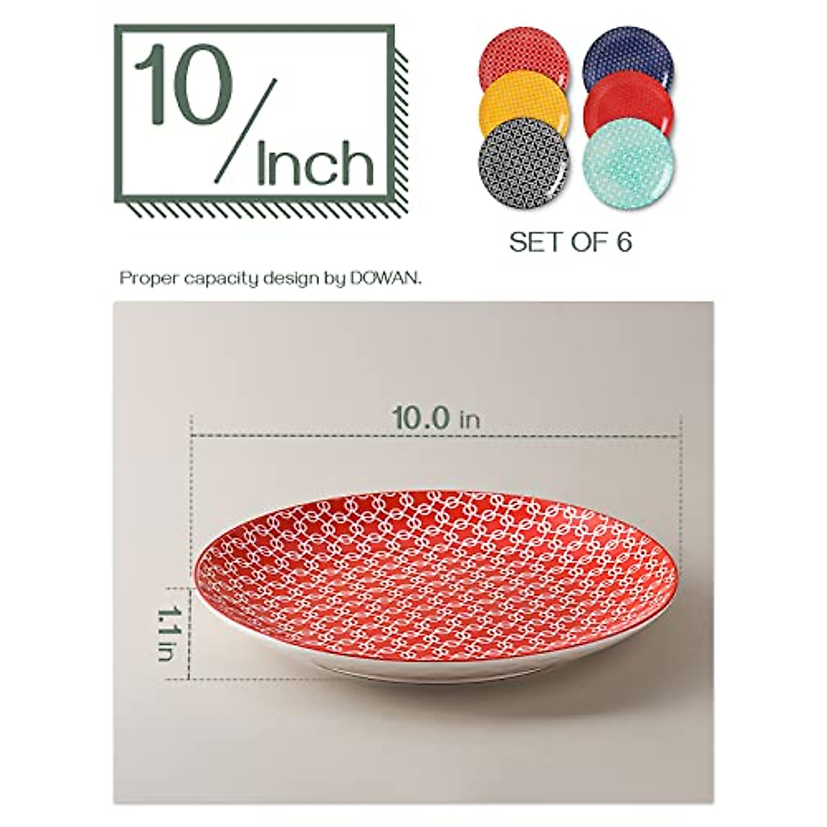 DOWAN 10" Colorful Dinner Plates - Set of 6, Large Ceramic Plates for Salad, Pasta, Pancakes, Steak - Serving Plates for Party, Wedding, Easter, Restaurant, Picnic - Dishwasher & Microwave Safe