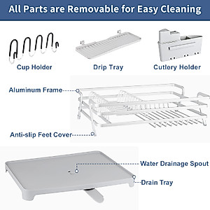 [Upgraded] Aluminum Dish Drying Rack, ROTTOGOON Rustproof Dish Rack and Drainboard Set with Drainage, Utensil Holder, Cup Holder, Compact Dish Drainer for Kitchen Counter, 16.9"L x 12.2"W, Light Gray