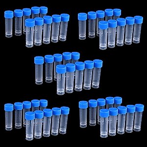 50 Pieces 5 ML Test Tubes Plastic Vials with Blue Screw Caps and Flat Bottom Clear Sample Vial Container for Science, Labs