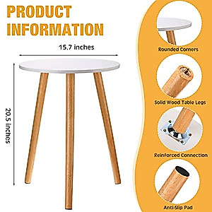 4 Set Round Side Table End Table with 3 Wood Legs Modern Accent Tray Nightstand White Bedside Table Small Coffee End Table for Living Room, Bedroom, Small Spaces, Easy Assembly 20.5 x 15.7 Inches