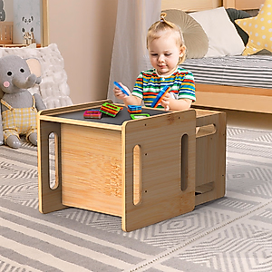3-in-1 Montessori Weaning Table and Chair Set with Chalkboard for Toddlers, Kids Activity Table for Aged 1-4, Bamboo Montessori Furniture Table for Painting Learning