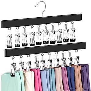 Closet Organizer, Legging Organizer for Closet, Wooden Hangers with Clips Holds 20 Leggings/Pants/Jeans/Shorts, Hanging Closet Organizer w/Rubber Coated, 360°Rotating Hook, Space Saving, 2Pcs Black