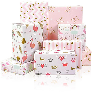 MAMUNU 6 Sheets Gift Wrapping Paper, Pink and Gold Folded Wrapping Paper with Heart, Bunny, Rainbow, Flamingo and Crown Designs for Women Girls Kids Birthday, Valentine's Day, Wedding, Baby Shower 50x70CM