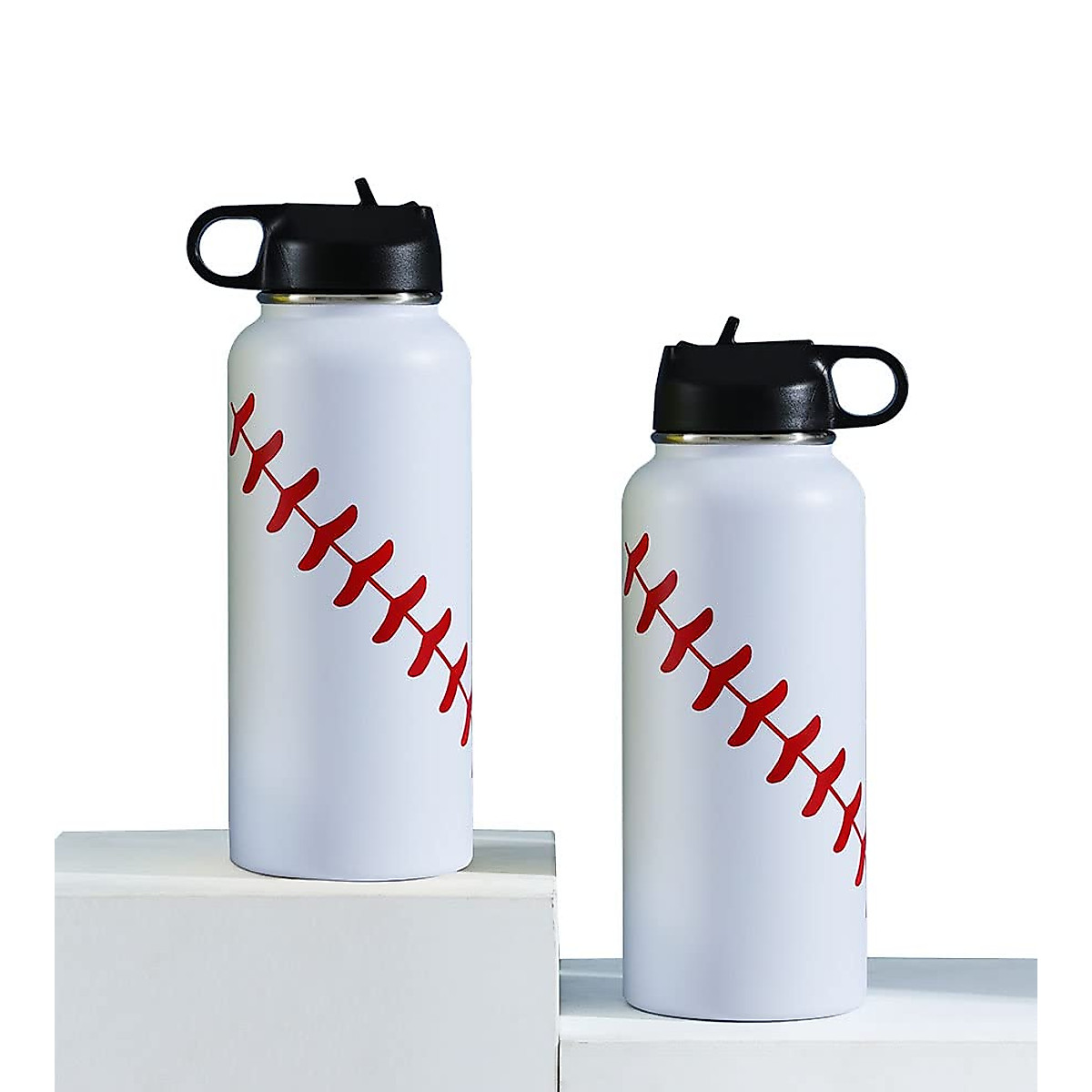 32 oz Baseball Sports Water Bottle Insulated 2 Lids Straw Travel Tumbler Durable Stainless Steel Vacuum Bottle (white)