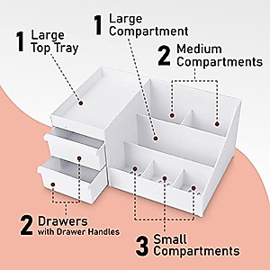 Peachic White Makeup Organizer With Drawers – Countertop Organizer for Cosmetics – Vanity Storage for Skincare, Lashes, Brushes, Nail Polish, Lotions, Lipstick, Makeup
