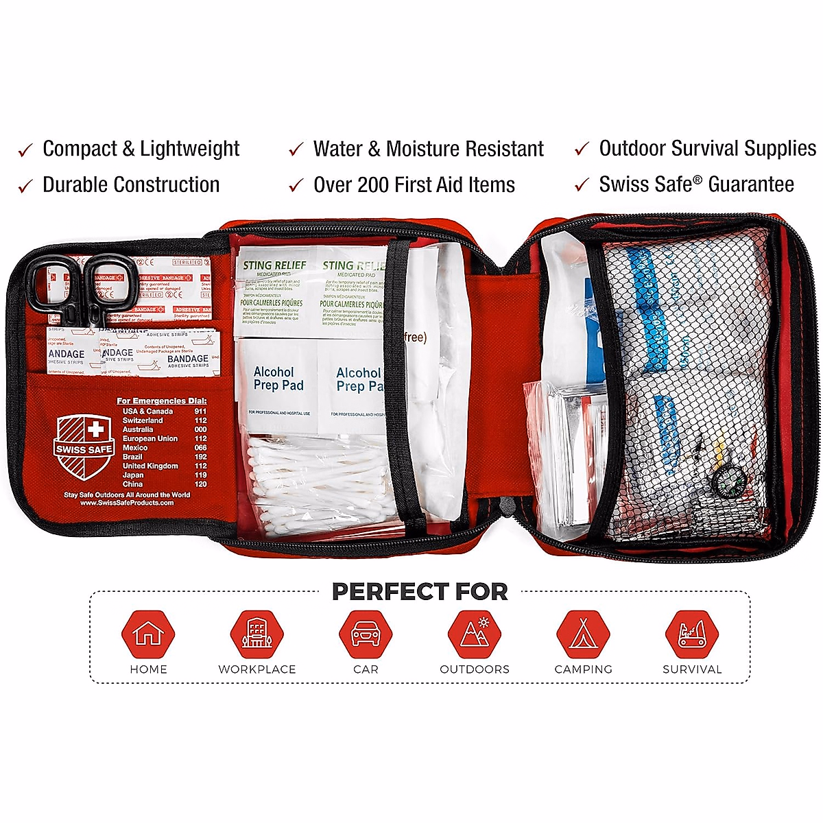 Swiss Safe 2-in-1 First Aid Kit for Car, Travel & Home, Businesses - Bonus Mini Kit for Medical Emergency Aid, Survival, Camping - FSA & HSA Eligible - 200 Pcs, Medium FAK