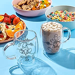 JoyJolt Aroma Disney Mickey and Pluto 13.5oz Glass Cups Set. 2 Insulated Double Wall Glass Coffee Cups, Insulated Coffee Cup Set. Unique Coffee Mugs, Large Espresso Cups. Disney Cups and Disney Mugs.