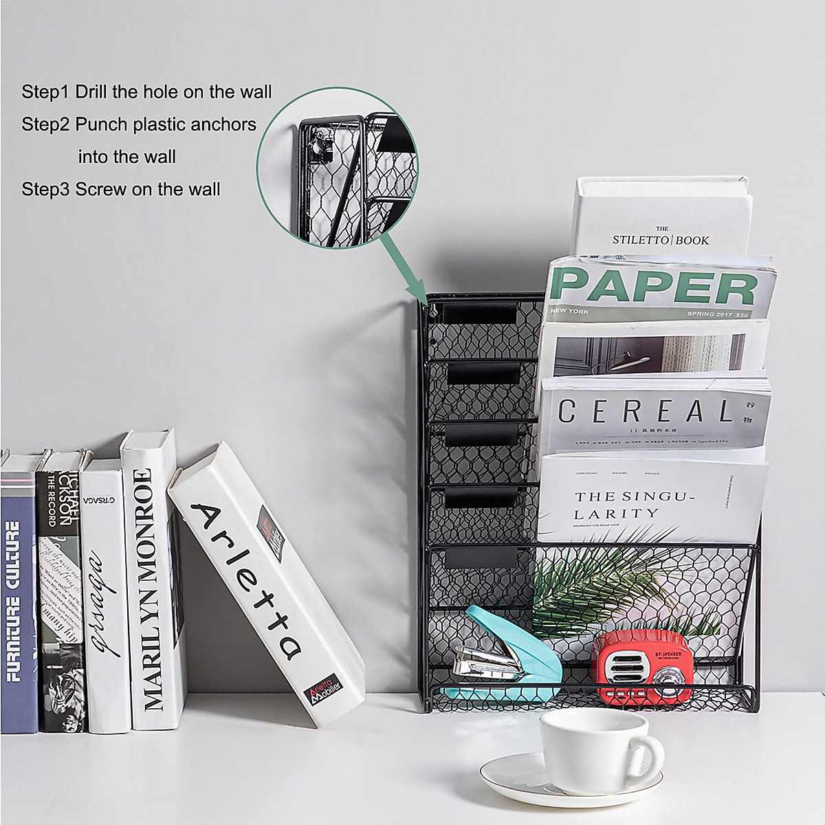 JINGWAYS Wall File Holder Hanging Mail Organizer Metal Chicken Wire Wall Mount Magazine Rack for Home and Office (Black)