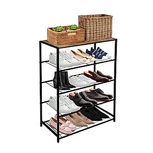 LEEJAY 5 Tier Shoe Rack for Entryway, Freestanding Display Shelf Storage Organizer with 4 Metal Shelves and Top Panel - Rustic Brown