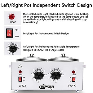 Double Wax Warmer Professional Electric Wax Heater Machine for Hair Removal, Dual Wax Pot Paraffin Facial Skin Body SPA Salon Equipment with Adjustable Temperature Set - 100 Wax Applicator Sticks