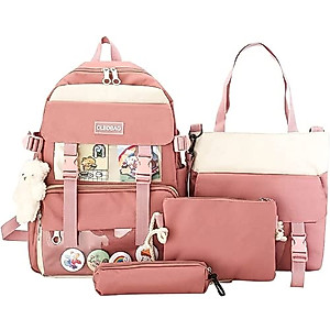 Kawaii Backpack Casual Bags Cute Aesthetic Backpacks with badge and pendant, shoulder bag, pencil case, handbag (Pink)