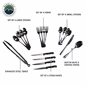 Overland Vehicle Systems Ultimate 39 Piece Utensil Set - Black Powder Coat Universal - 6061 Aircraft-Grade Aluminum Storage Box - Heavy Duty Grab Handles