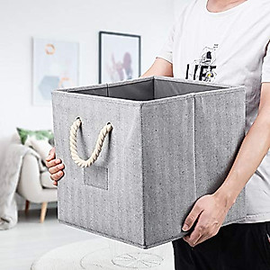 Robuy Cube Storage Bins,Grey Fabric Foldable Storage Bins,Set of 3 Stroage Boxes with Cotton Rope Handles for Organizer Home,Office, Nursery 13x13x13 inch