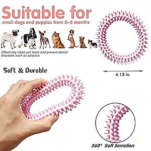 DogieLyn Interactive 2-8 Months Puppy Teething Chew Toys, Puppies Biting Toy, Doggy Teeth Cleaning Rubber Toothbrush for Small Dogs Teddy,Crogi,Schnauzer, 4 pcs (Pink)