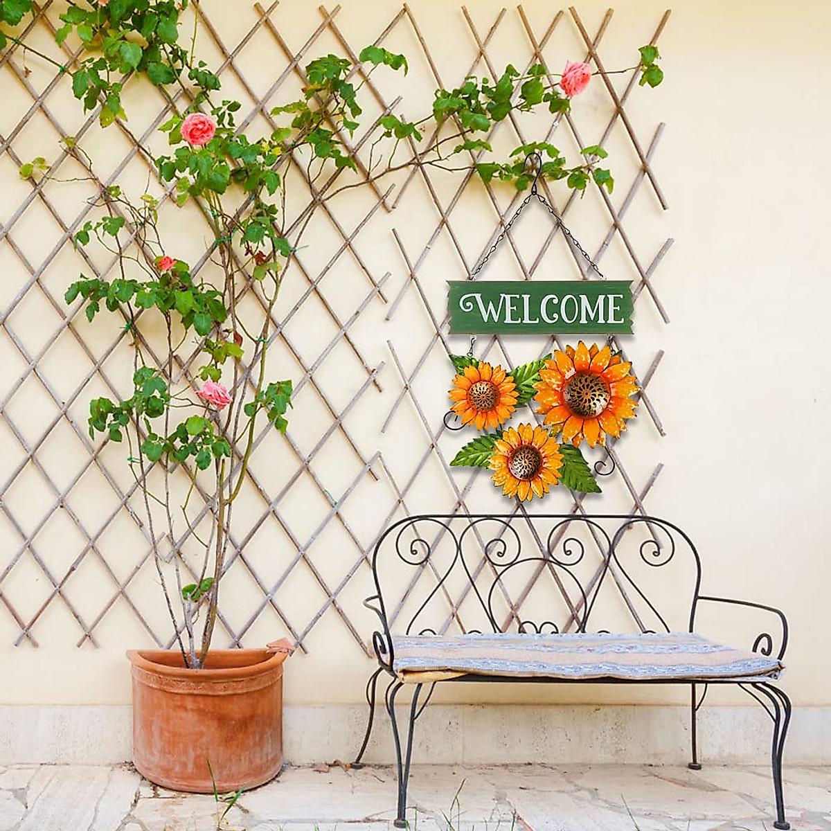 Sunflower Welcome Sign for Front Door, Sunflower Wreath, Hanging Fall Sunflower Welcome Door Sign for Outdoor, Farmhouse, Patio, Garden, Home (Metal)