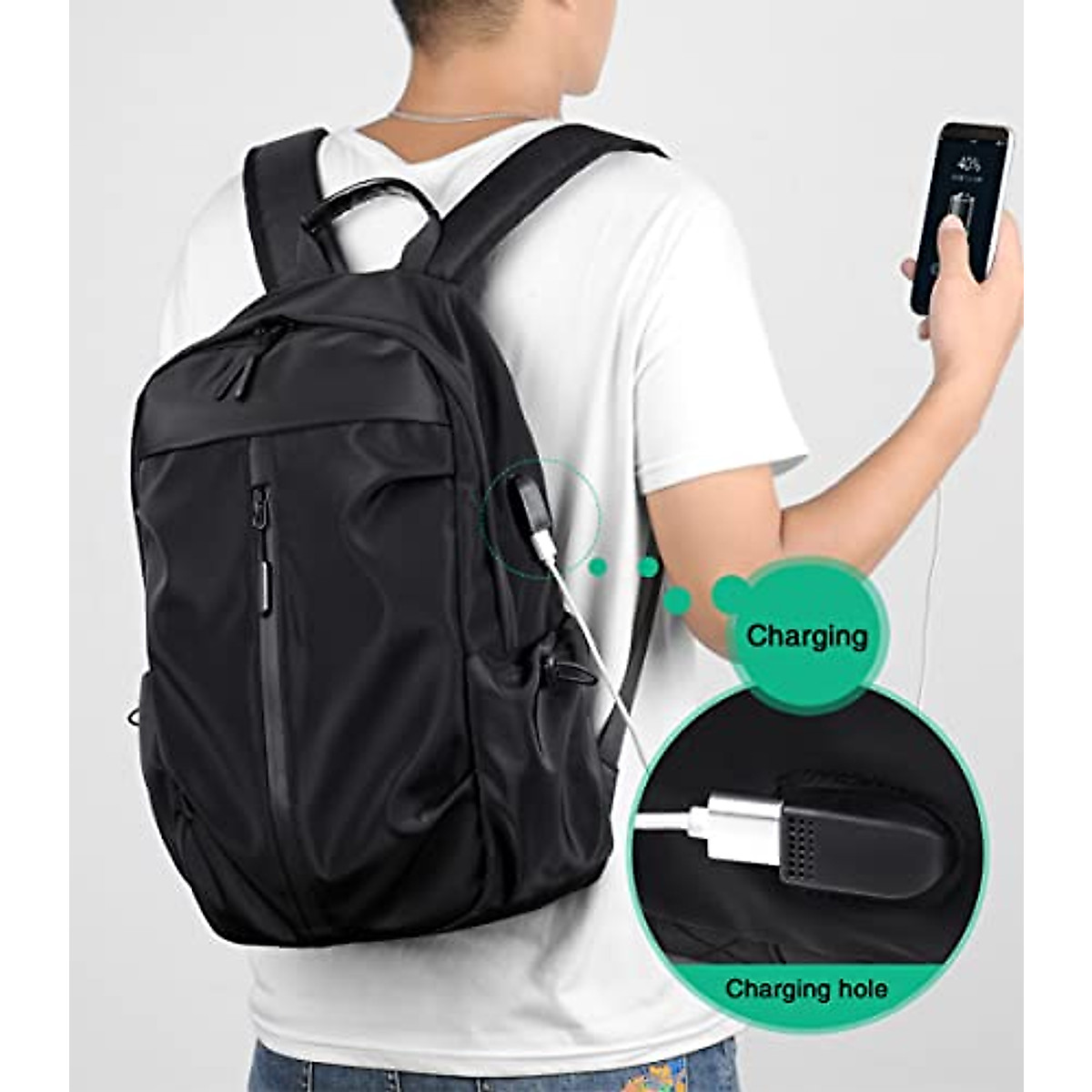 LIMHOO Travel Laptop Backpack with USB Charging Port College Backpack Water Resistant Wear-resistant Daypack Rucksack (Black)