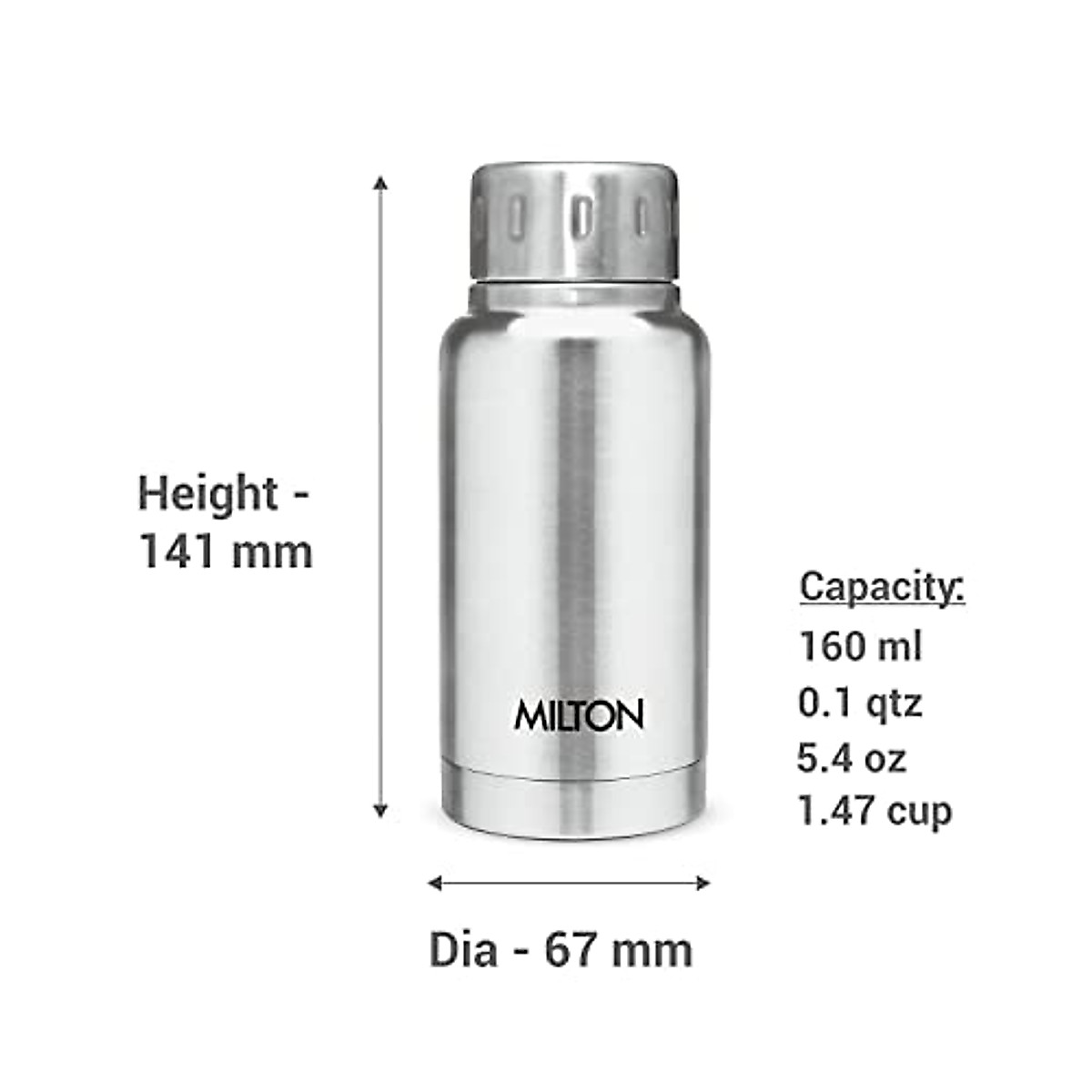 Milton Thermosteel Elfin 160, Vacuum Insulated Flask, 160 ml | 5.4 oz | Hot & Cold Water Bottle, 18/8 Stainless Steel, Compact Flask, Durable Body, BPA Free, Leak-Proof Simple Screw Lid | Silver