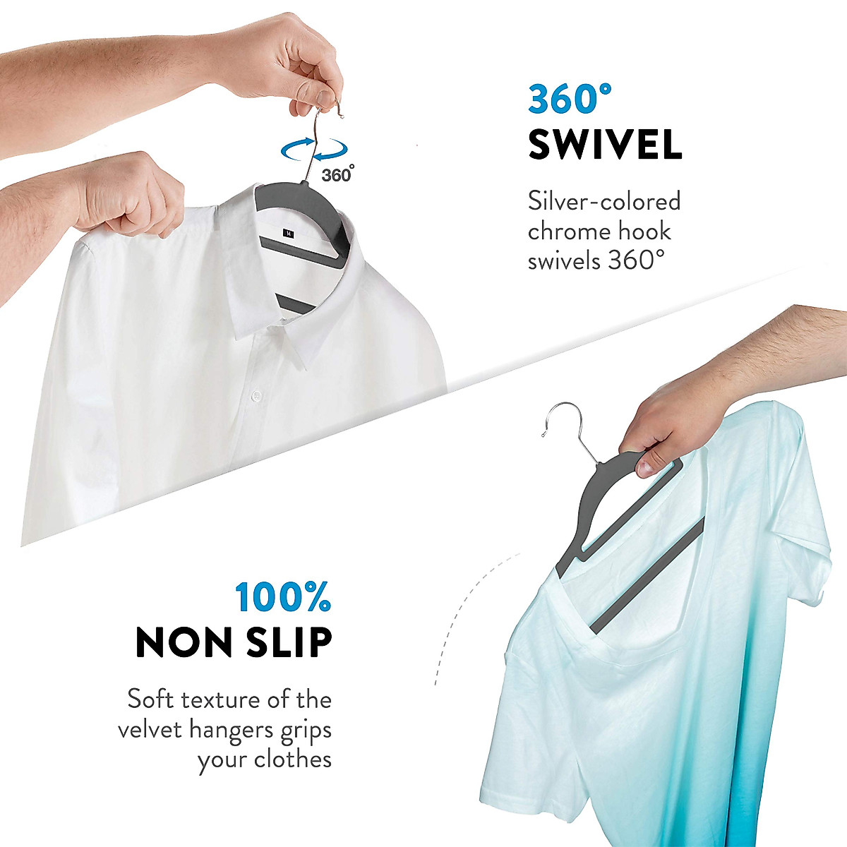 Zober Velvet Hangers 20 Pack - Clothes Hanger W/Tie Bar - Non-Slip, Swivel Hook, Slim Felt Hangers - Suits, Clothes, Pants, Coat Hanger - Gray