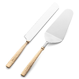 Hand Hammered Gold Brass Handle And Stainless Steel Cake Knife & Server Set For Weddings Home Parties Anniversaries Pastry Pie Serving & Knives Set Vintage Style